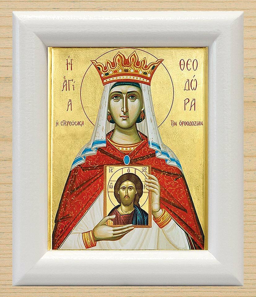 Праведная Феодора, царица Греческая, икона в белой деревянной рамке 8*9,5 см