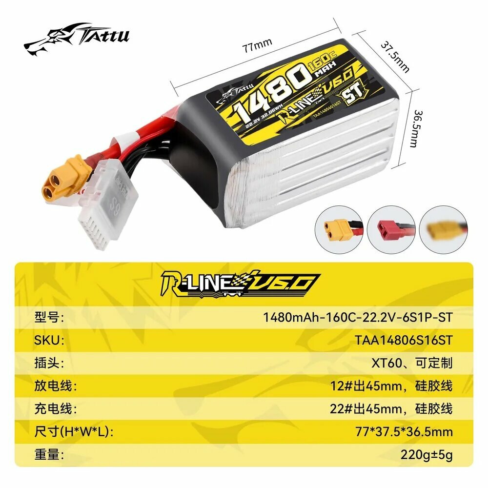 Аккумулятор TATTU R-LINE V6 1480 1600mAh 160C 6S XT60