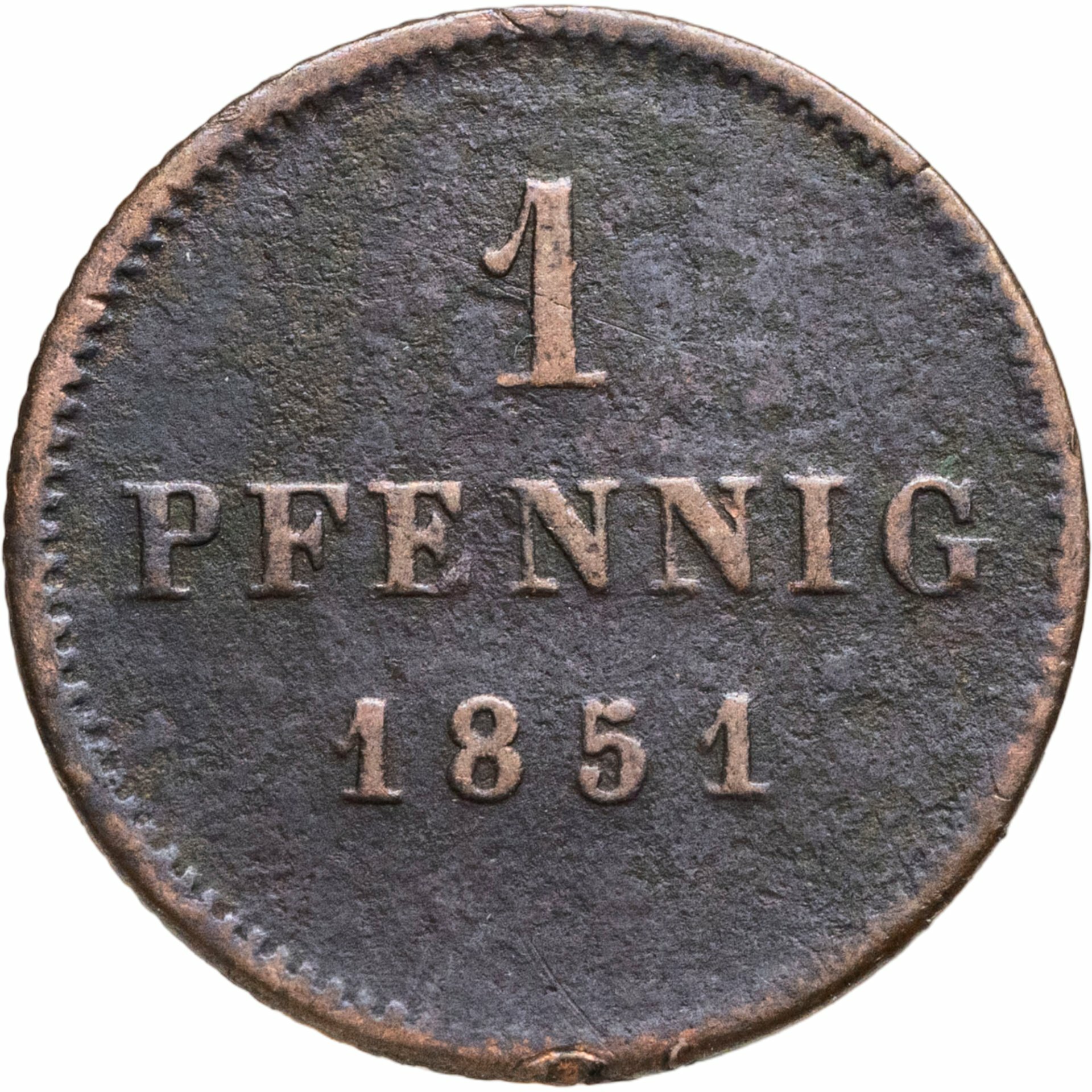 Бавария 1 пфенниг 1851, Медь, в сохранности F