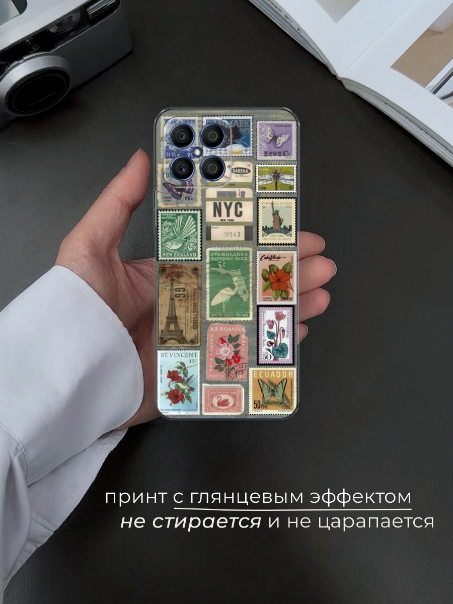 Силиконовый чехол на Honor X8 / Хонор X8 с принтом Коллаж из марок — фото 1