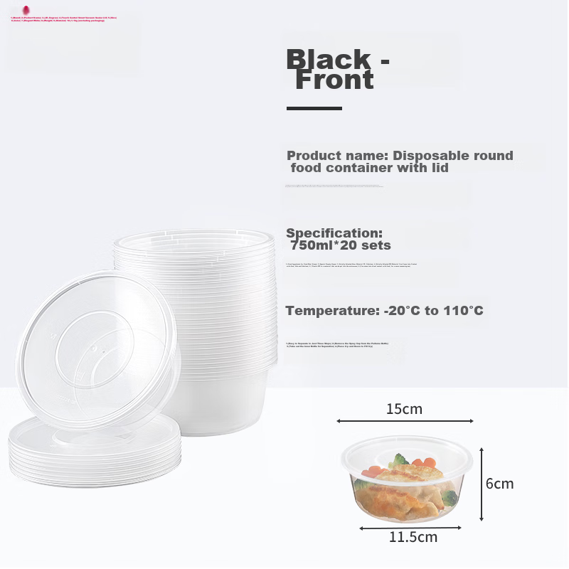 Meili Ya Disposable Bowls 750ml*20 Sets, Lunch Boxes, Takeout Containers, Plastic Thickened with Lids, Microwave Safe