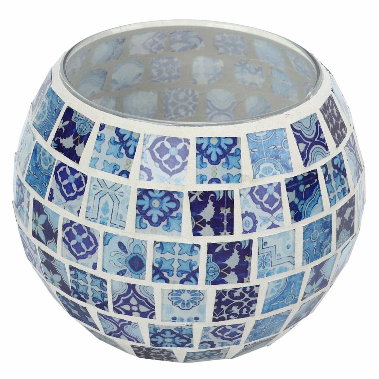 Подсвечник Tealight Сине-белая стеклянная мозаика с цветочным узором Теплая романтическая текстура ручной работы Подсвечники Votive