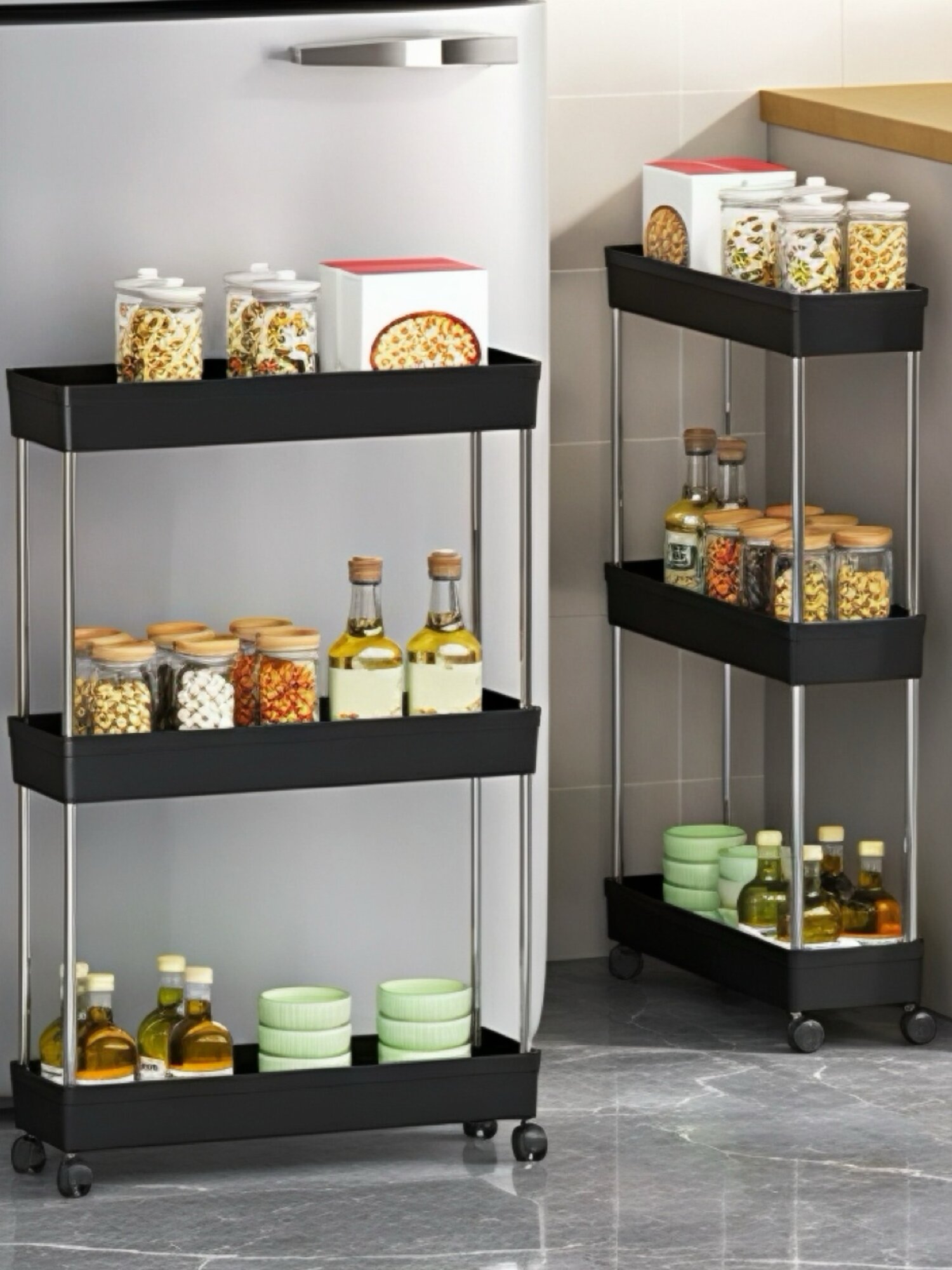 Этажерка на колесиках универсальная 3 яруса, для ванной, для кухни, пластиковая, узкая, черный