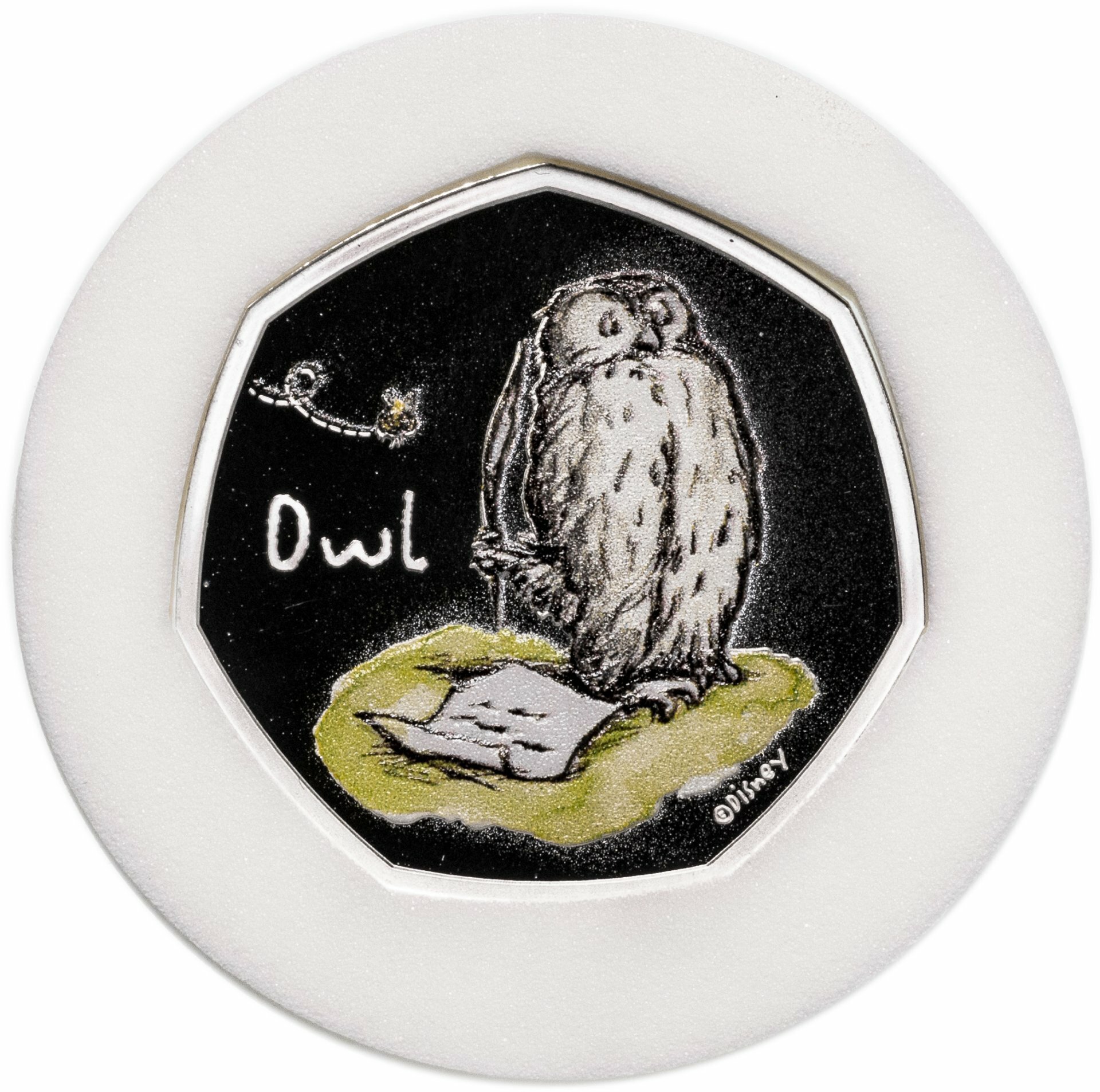 Великобритания 50 пенсов 2021 "Винни пух Сова пчела цветная" в футляре с сертификатом, Серебро 925, в сохранности Proof