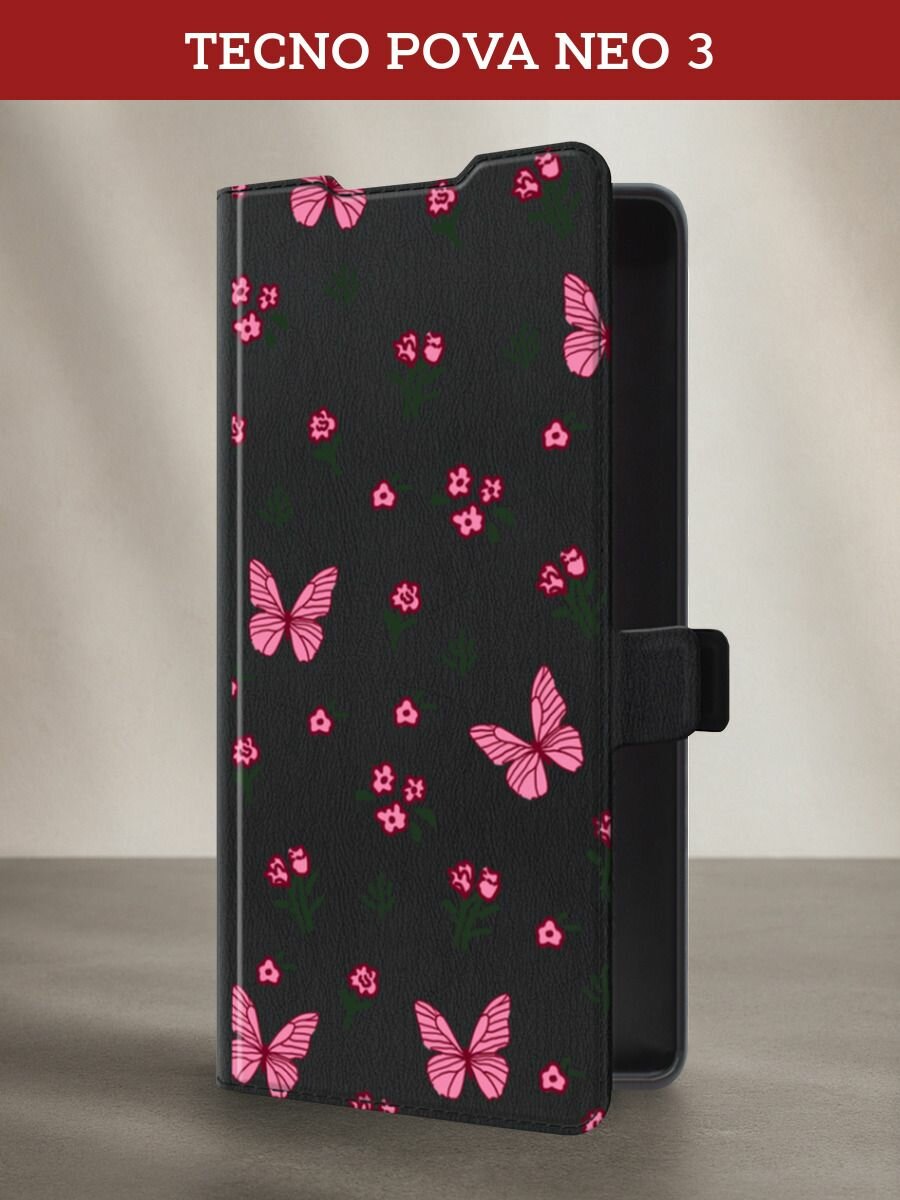 Чехол-книжка на Tecno Pova Neo 3 / Техно Пова Нео 3 с принтом Паттерн бабочки и цветы, черный