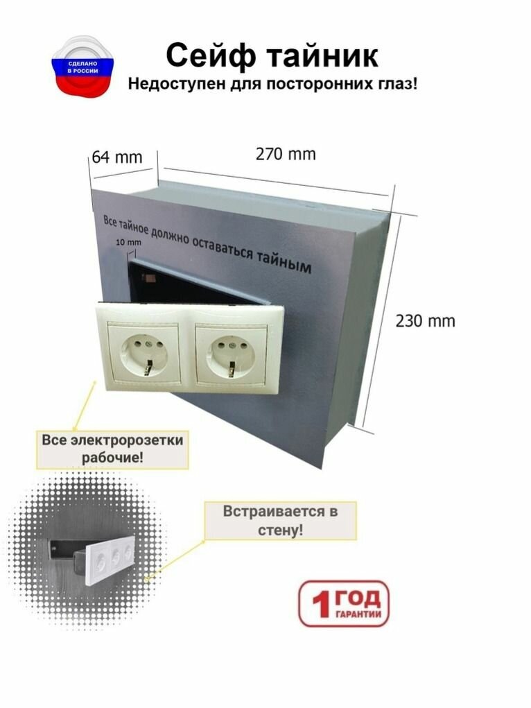 Скрытый сейф-тайник для денег и документов с блоком рабочих розеток Legrand. Встраиваемый в стену на глубину 7,4 см.