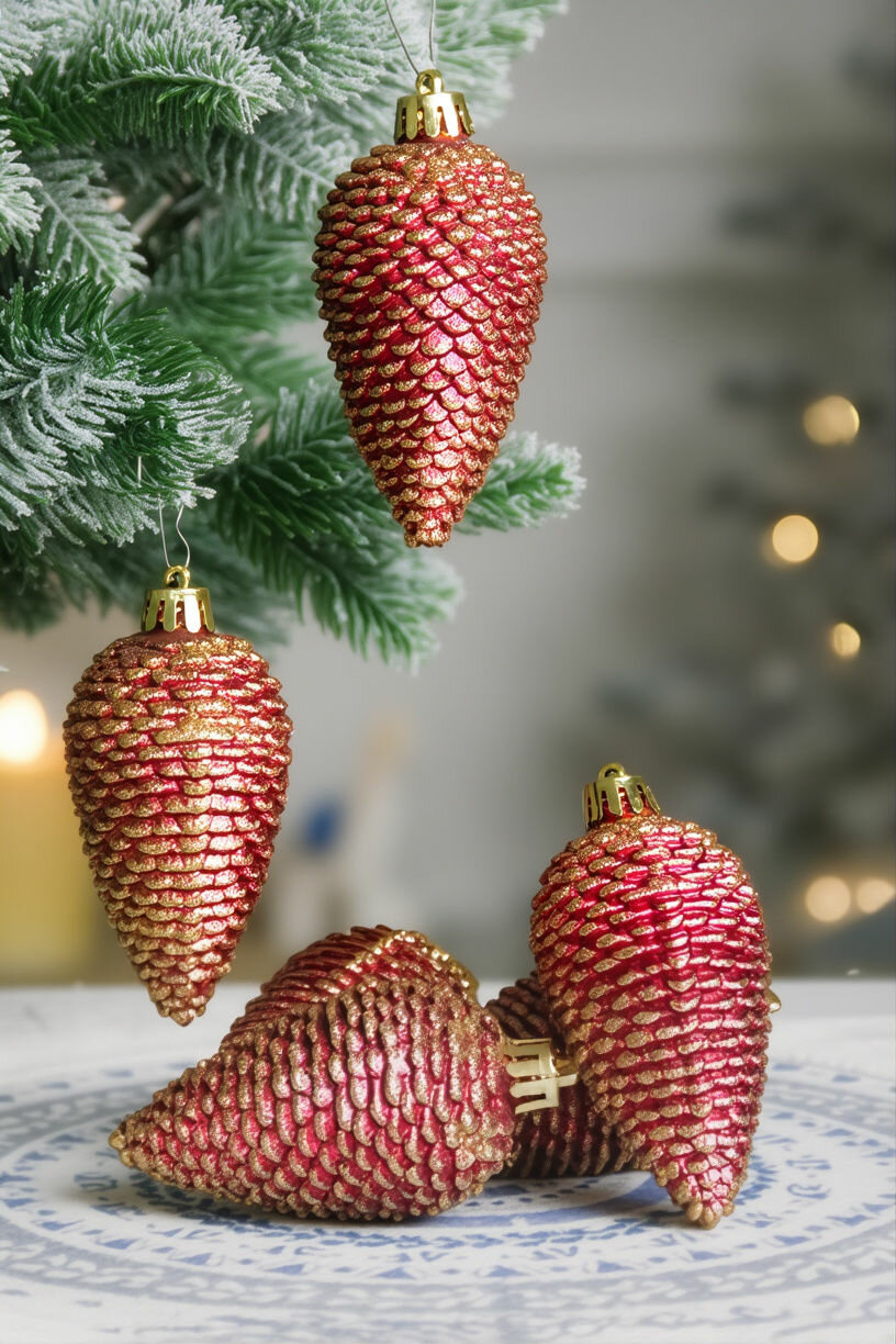 Набор шишки еловые, бордовый с позолотой, 8 см, 6 шт, Винтер Деко (Winter Deco) 028599
