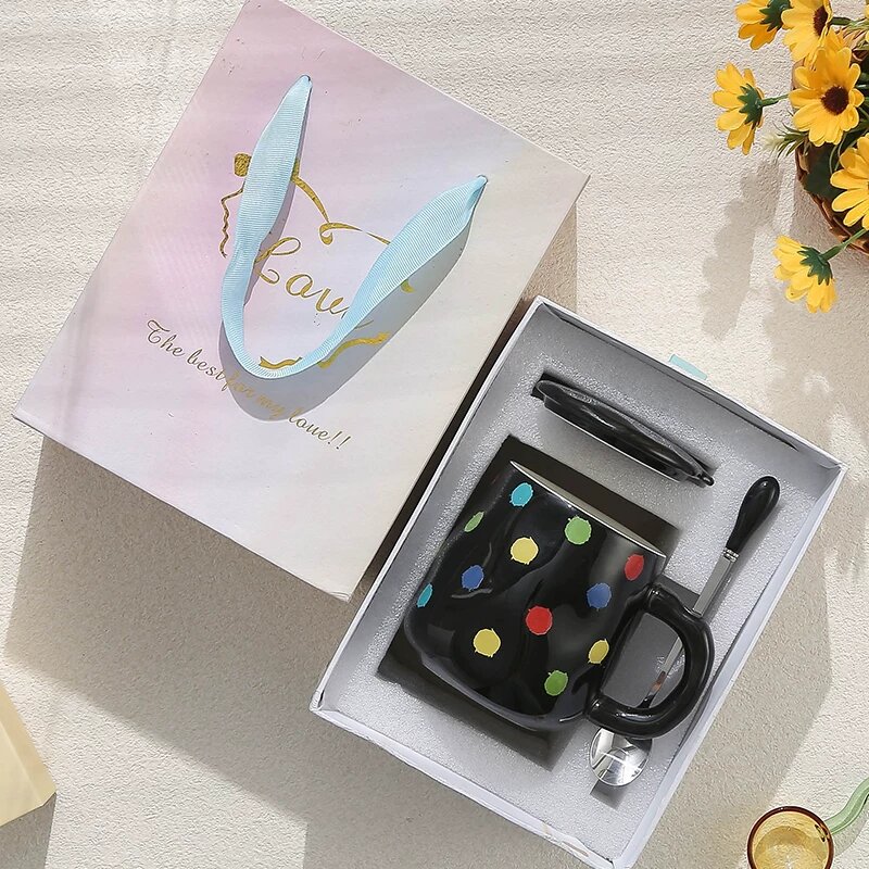 Пара чашек в горошек, кружка с крышкой, ложка, креативный дизайн, бытовая керамическая чашка для воды, чашка для кофе,