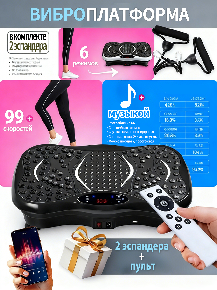 Виброплатформа для похудения до 150 кг с музыкой, домашний кардио тренажер электрический антицеллюлитный