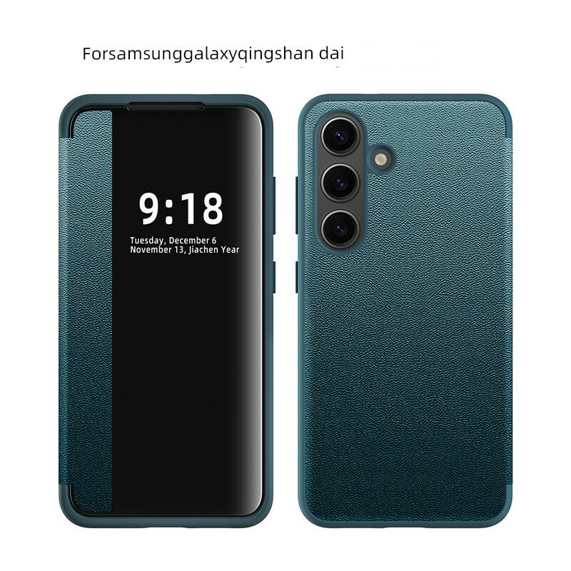 Премиум кожаный чехол-бумажник для Samsung Galaxy S25+ с окном, Зеленый бирюзовый