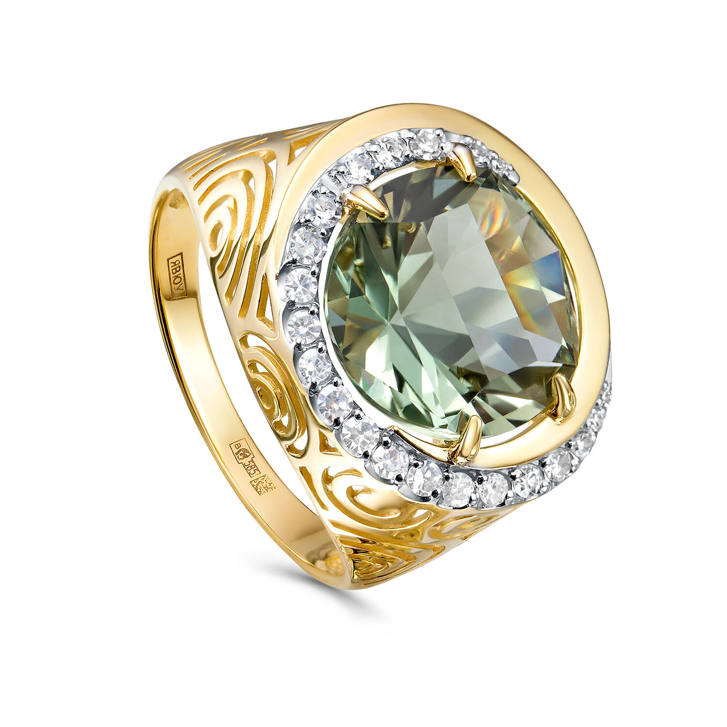 Кольцо, желтое золото, 585 проба, бриллиант, празиолит