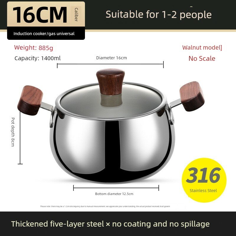 Мини-супница из нержавеющей стали 316L с деревянной ручкой из ореха, 16 см диаметром, идеально подходит для детского