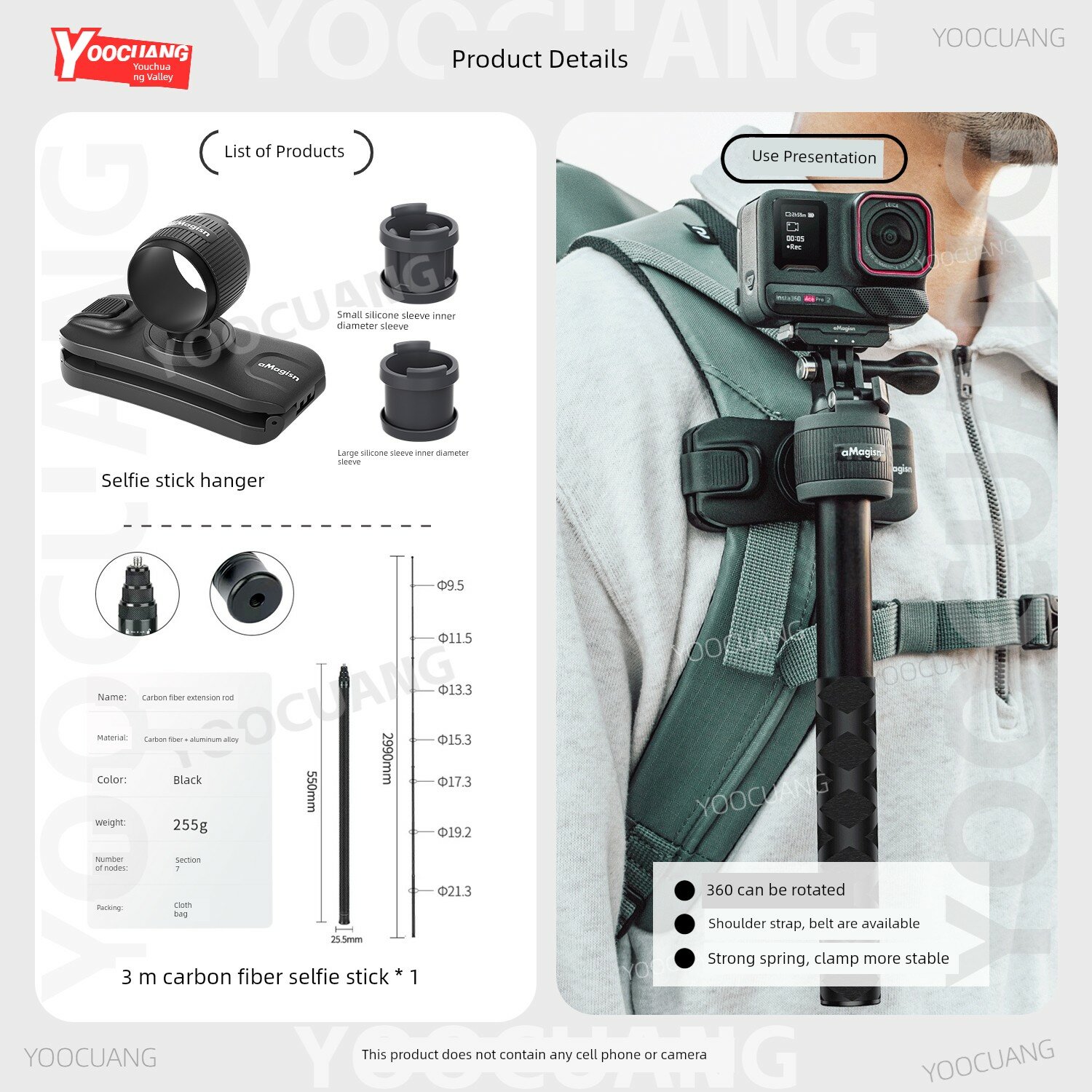 Регулируемый крепеж для рюкзака для камер Insta360 X5/X4 и DJI Action 5/4 с углеводородным шестом длиной 3 м