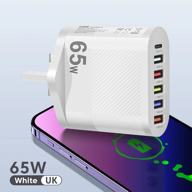 Зарядное устройство Olaf 65 Вт с 5 портами USB, адаптером зарядки PD для Xiaomi, iPhone 13 и Samsung, с разъемом для зарядки QC 3.0.