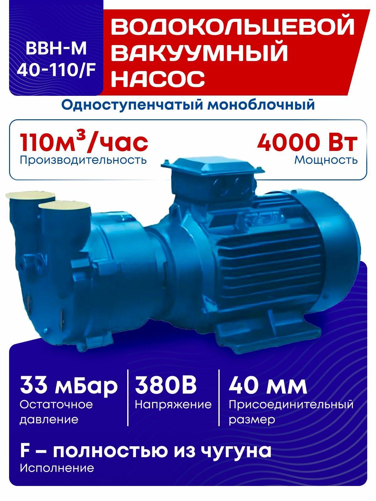 Одноступенчатый моноблочный водокольцевой вакуумный насос BBH-M 40-110/F с двигателем 4 кВт