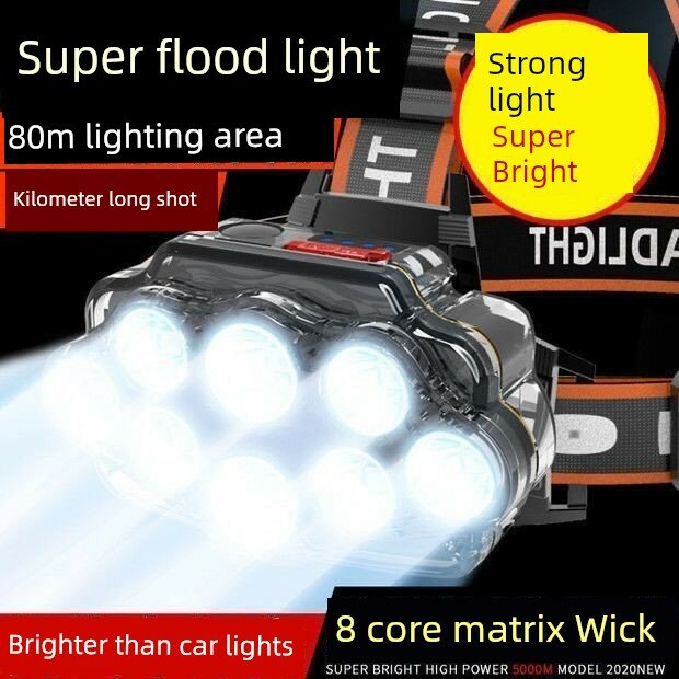 Черная светодиодная лампа на лоб с 1800 м дальностью, индикатор заряда, яркий широкий луч для рыбалки и добычи в темноте