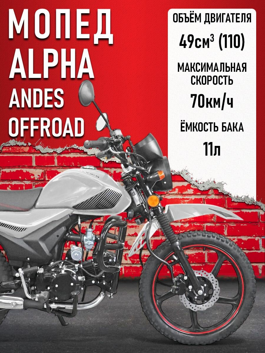 Мопед Alpha ANDES OFFROAD (Тюнинг)(багажник перед. и зад, литые диски) серебристый