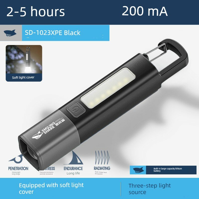 Новая улучшенная модель фонарика Smile Shark с мощным светом, телескопическим зумом, крючком, зарядкой, мягким