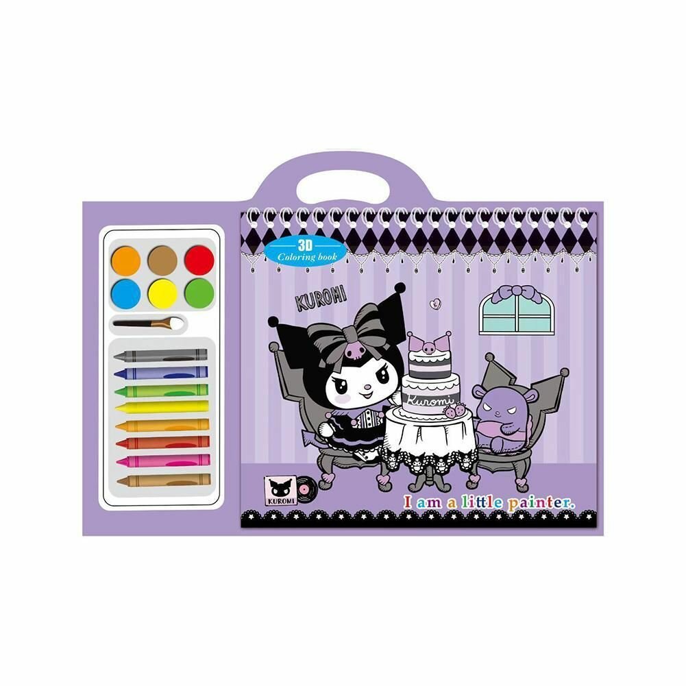 Детский набор для раскрашивания включает в себя раскраску, цветные карандаши и акварельные краски.