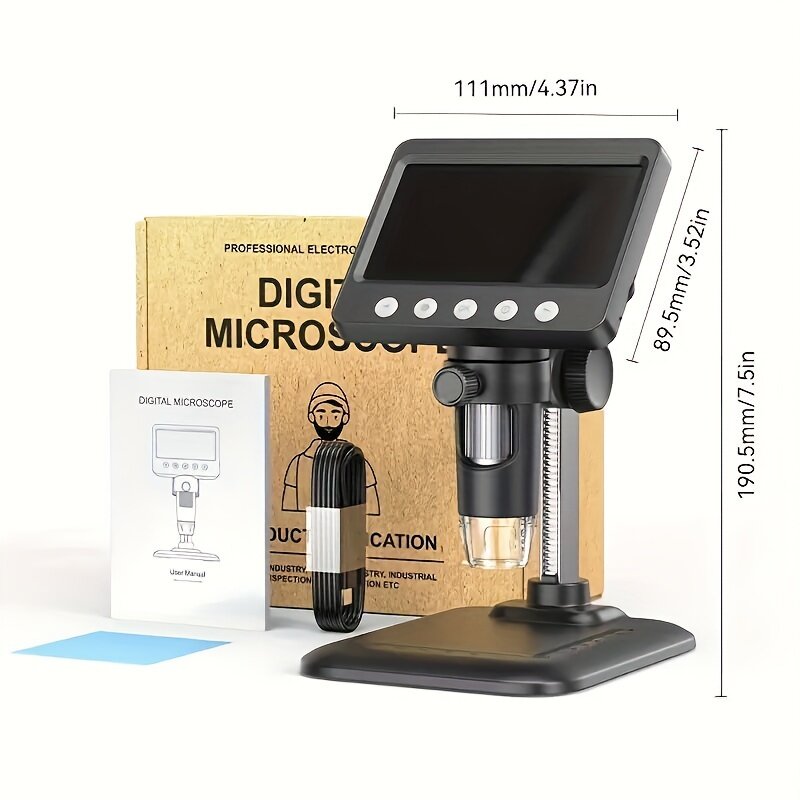 Универсальный цифровой микроскоп с дисплеем 4.3–7 дюймов, увеличением 10–1200X, 8 светодиодами и двойным питанием (батарея/USB) – захват HD-изображений и рендеринг в реальном времени для образования, оценки монет, пайки и биологических наблюдений