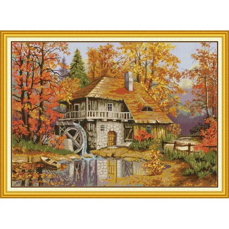 Осенний Набор для вышивки крестиком с изображением водной мельницы, Набор для вышивки крестиком, белая ткань, набор для шитья, домашний декор, подарки