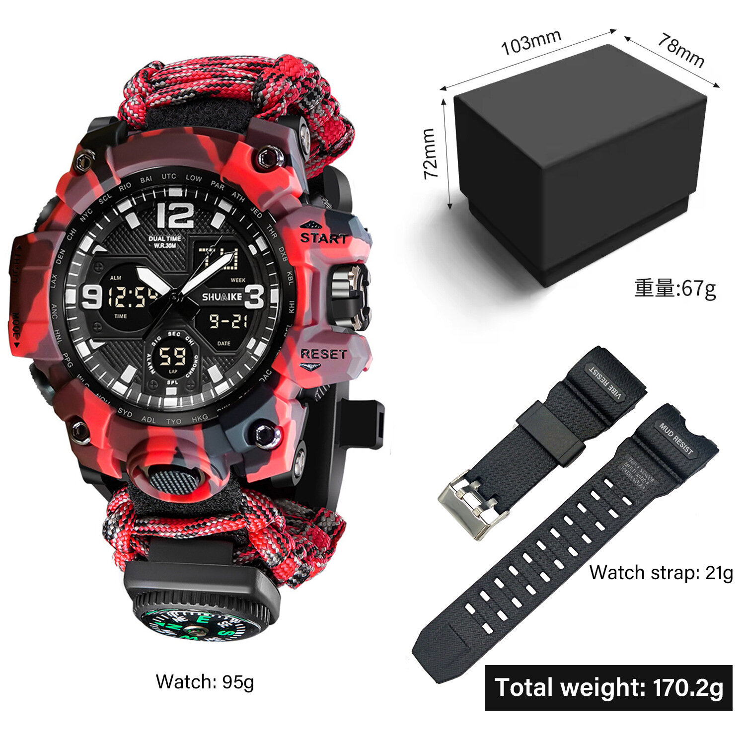 Электронные часы с двойным дисплеем, свисток, огниво, компас, термометр для мужчин, наручные часы для активного отдыха, в наличии, оптовая продажа