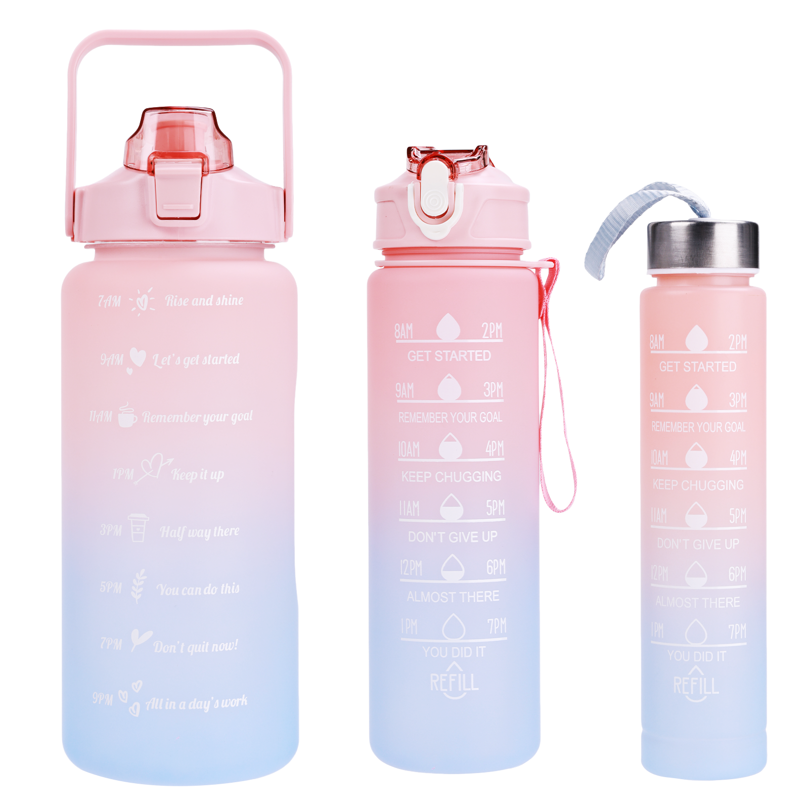 3pcs Портативная герметичная бутылка для воды с отметкой времени и люверсом многоразовая, цветы: розовый, пурпурный, зеленый, синий, объемы: 500ML, 800ML, 2000ML, материалы: PC+PP+силикон, размеры: 207x48x48mm (500ML), 250x70x70mm (800ML), 305x110x110mm