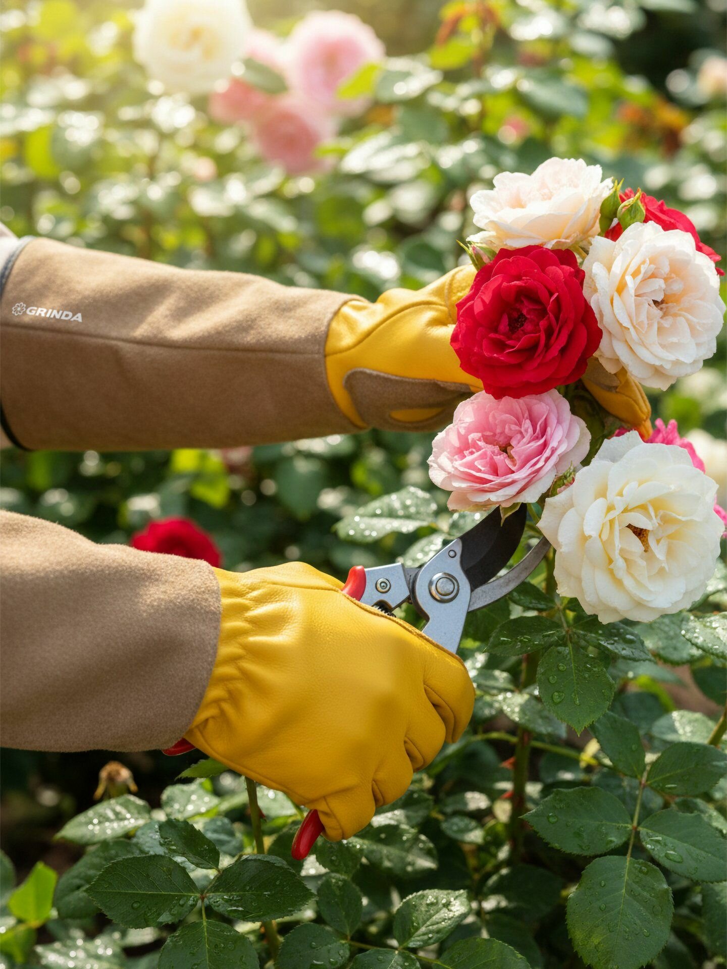GRINDA ROSE M 8 кожаные садовые перчатки для колючих кустарников с увеличенной крагой усиленная ладонь и кончики пальцев PRO Line 11303-M