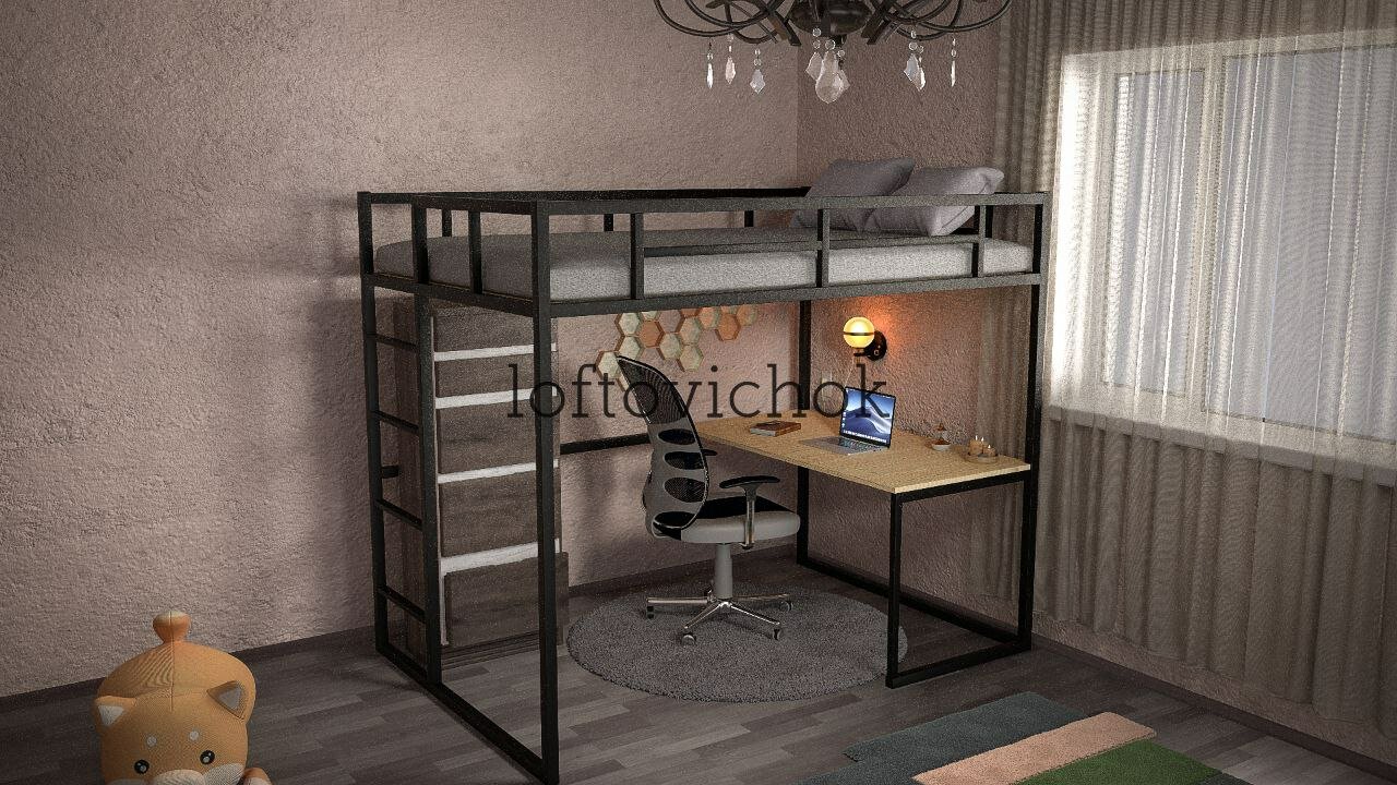 Кровать-чердак с столом "Stella", лофт, металл, 90x190x200 см, черная