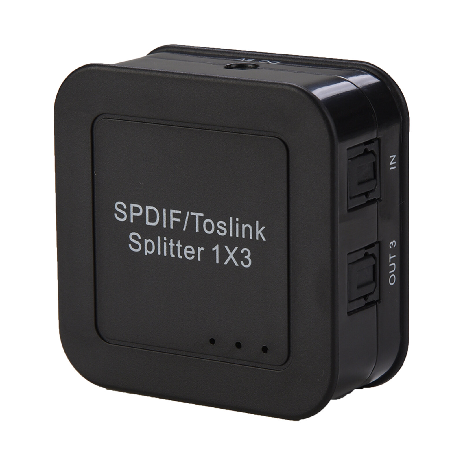 1×3 Оптический сплиттер Newkeng NK-toslink, материал ABS, цвет Прозрачный, поддерживает аудиоформаты LPCM2.0/DTS/DOLBY-AC3, длина кабеля до 40м, источник питания USB/2×AA батарейки, длина 54мм, ширина 54мм, высота 23.5мм