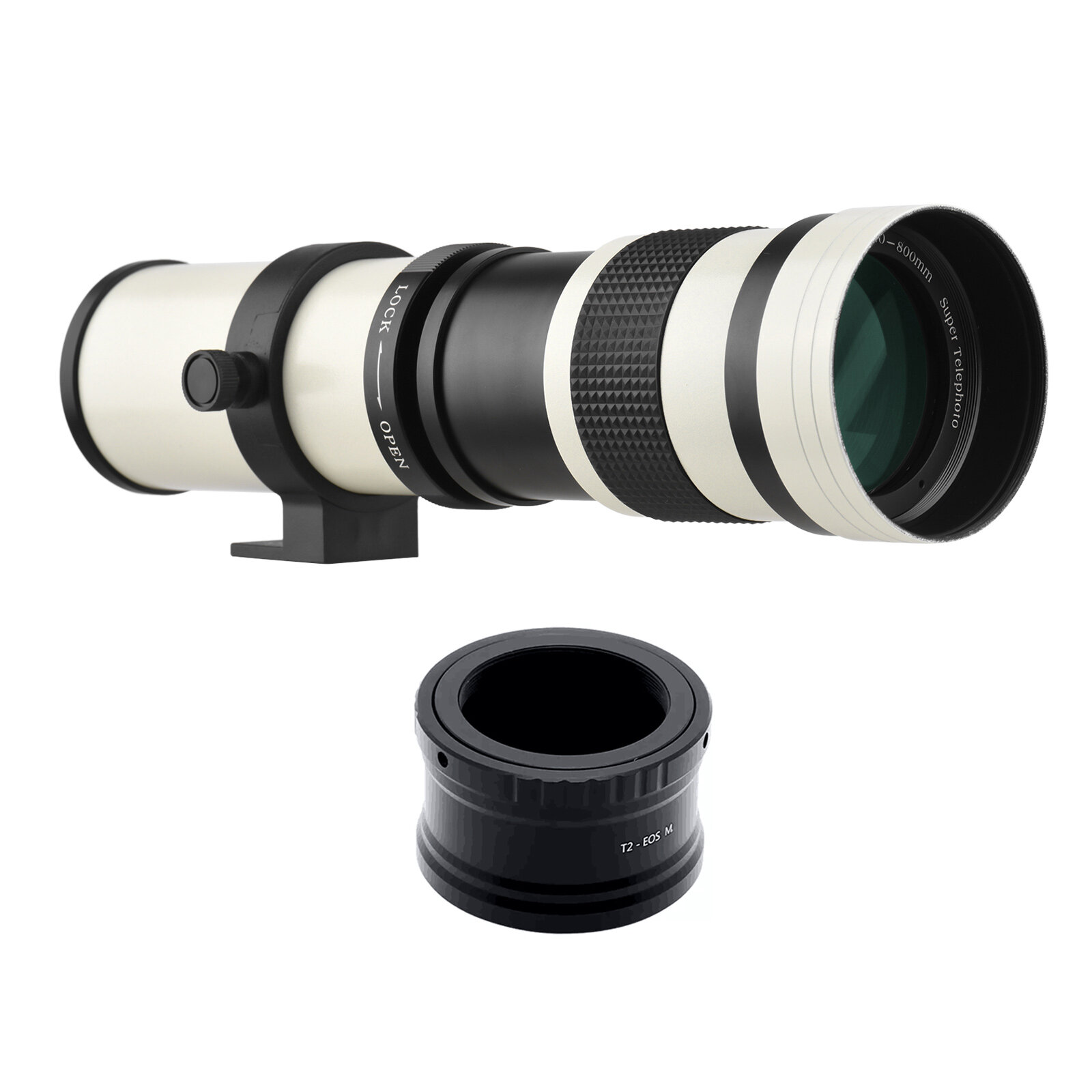 Объектив MF Супер Телефото Зум F/8.3-16 420-800mm Т2 Mount с адаптером M-mount 1/4 Thread для камер Canon M M2 M3 M5 M6 Mark II M10 M50 M100 M200, черный/белый, металл, 4 элемента в 2 группах, линейный пуш-пул, ручная фокусировка, фильтр 62mm, вес 659g,
