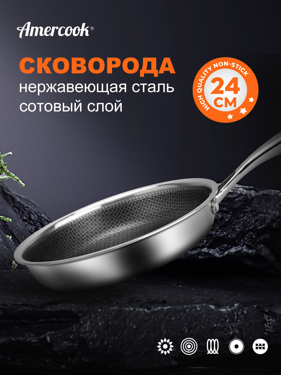 Сковорода AMERCOOK 24 см из трёхслойной нержавеющей стали с антипригарным покрытием из сот, зеркальная полировка, откручиваемая ручка