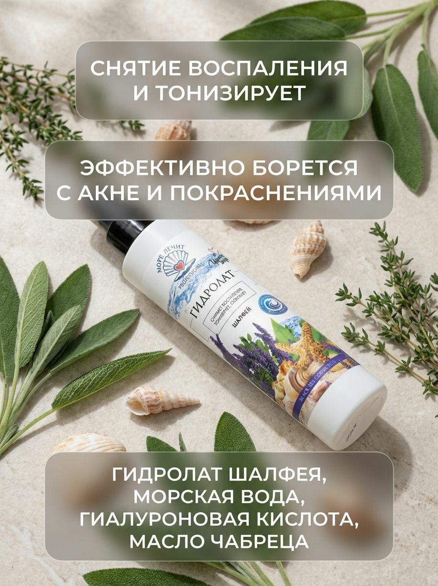 Гидролат для лица Шалфей снятие воспаления тонизирует увлажняет антибактериальный эффект на морской воде 200 мл