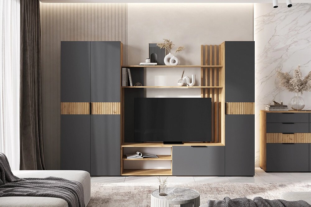Модульная гостиная стенка, шкаф двухдверный 800 мм, пенал 400 мм, Роджина, 260х182.6х35 см, Дуб крафт / Графит