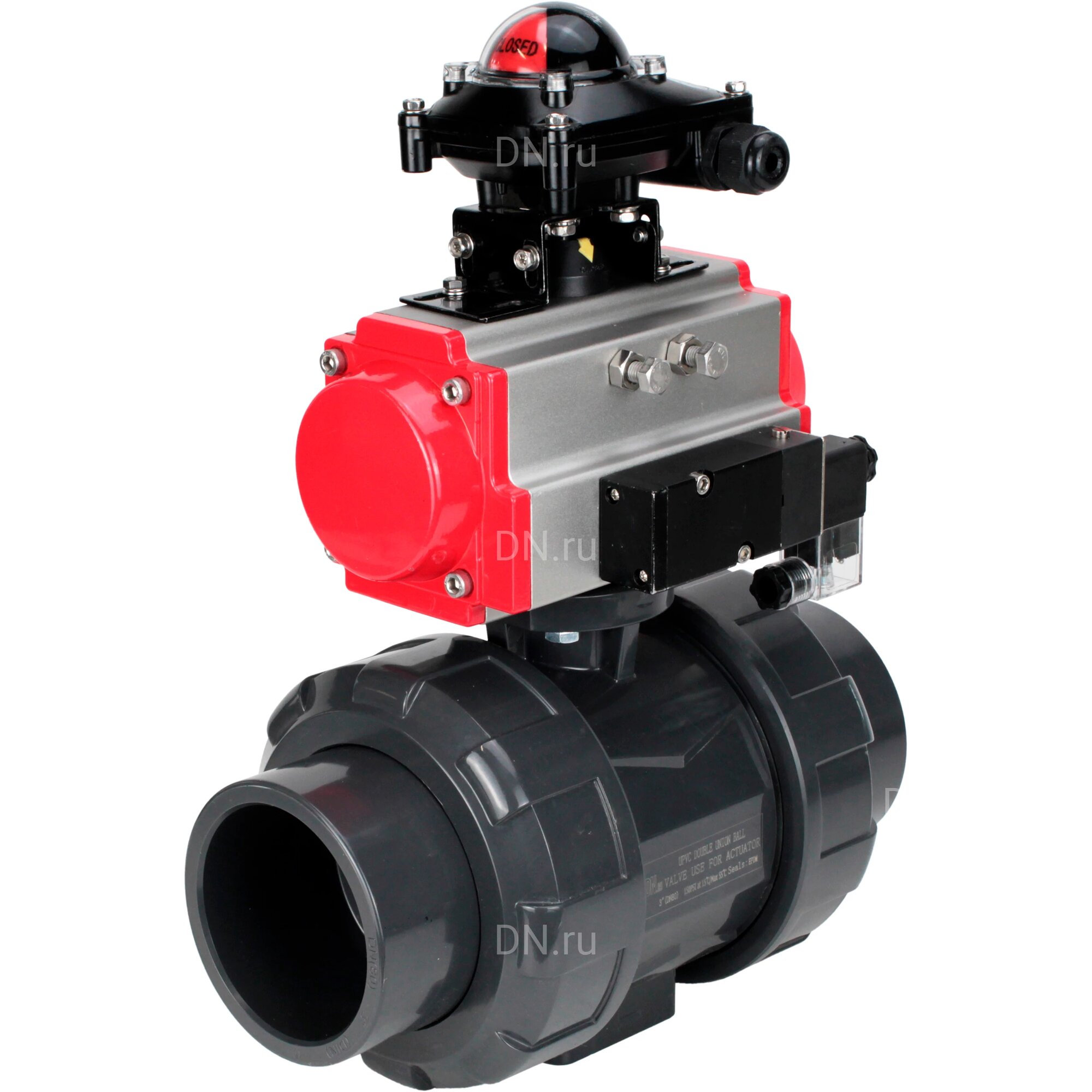 Кран шаровой DN.ru НПВХ-НПВХ-E-FP-GRM-ISO Дн15 Ру10 полнопроходной, корпус - НПВХ, шар - НПВХ, уплотнение - EPDM, с пневмоприводом DA-052, пневмораспределителем PND2-S1EM-52-1NC-J08-220VAC и БКВ LSB-210-02NM12-220/24