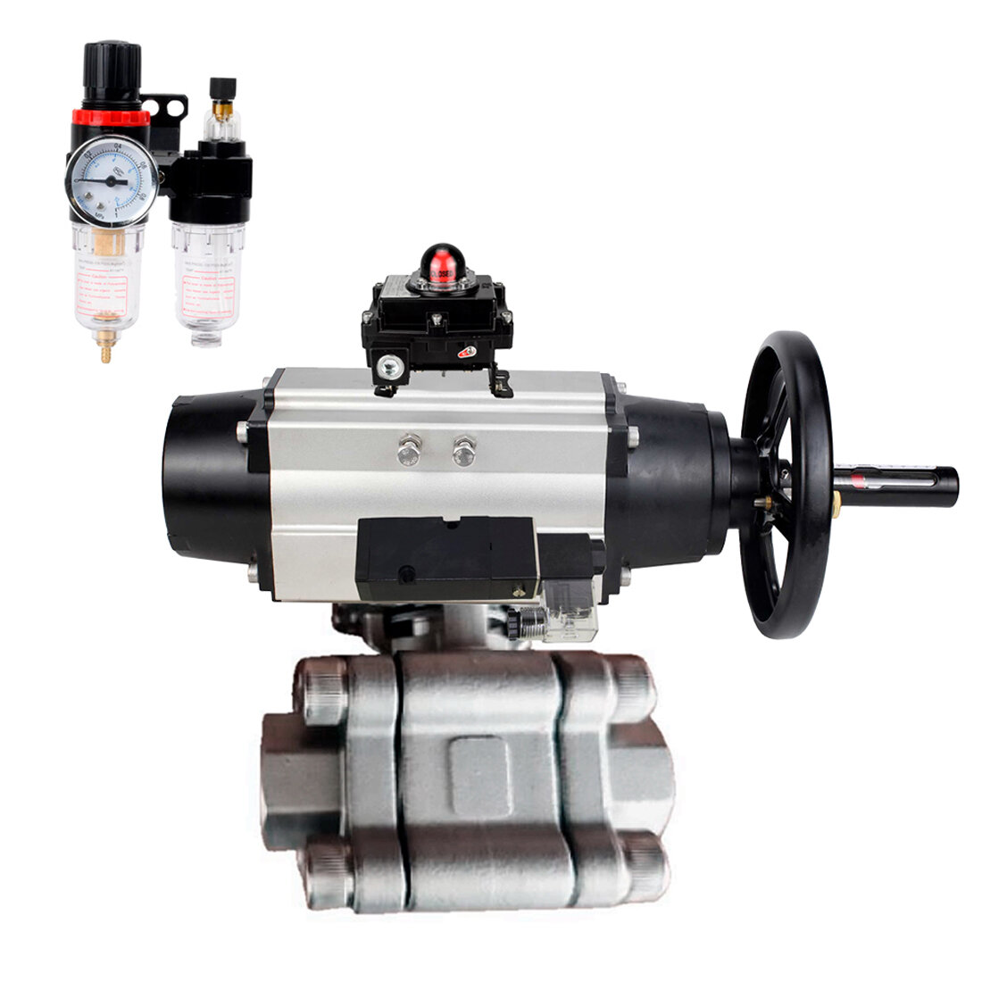 Кран шаровой DN.ru 316-316-PTFE-FP-SW-ISO-H Ду100 Ру63 полнопроходной, корпус - нерж. сталь SS316, под приварку, с пневмоприводом DA-105-1, пневмораспределителем PND2-S1EM-52-1NC-J08-220VAC, БКВ LSB-410-02ExM12-250, БПВ APU1-10-40-V08 (опрессовано)