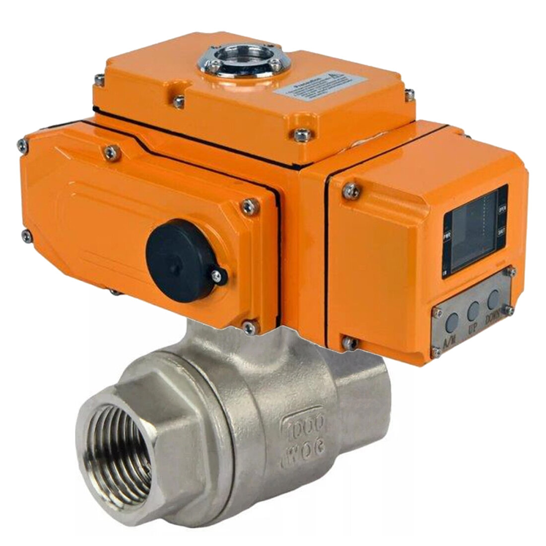 Кран шаровой DN.ru кшмп.316.230-ISO Ду100 Ру40 полнопроходной, внутренняя резьба, нержавеющая сталь 316, уплотнение - PTFE, с электроприводом четвертьоборотным DN. ru QT-010-220-4-20мА HARK (опрессовано)