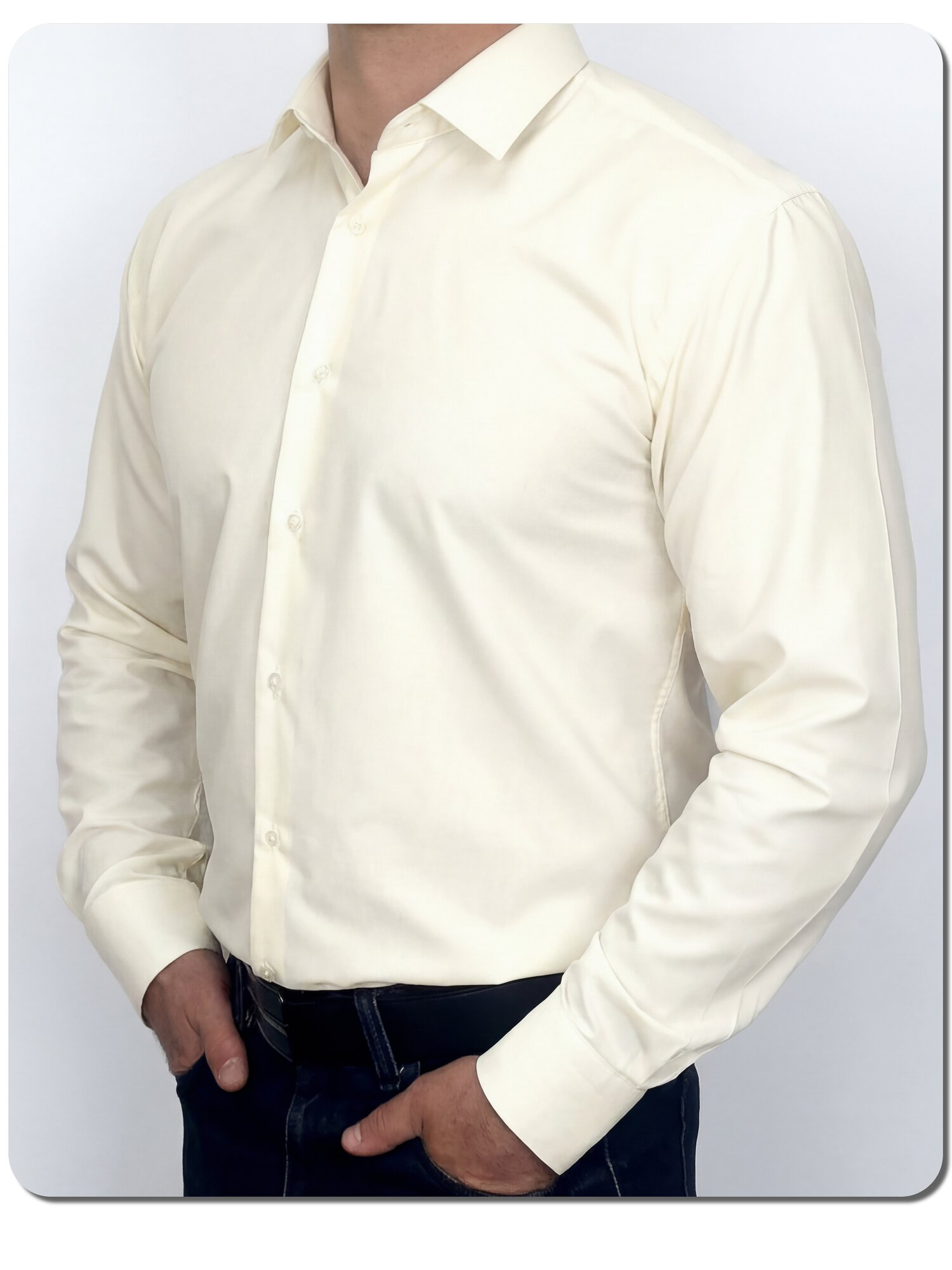 Рубашка Мужская рубашка с длинным рукавом приталенная, светлая сорочка на пуговицах, рубаха на любой сезон, айвори однотонная, без карманов, на любой сезон и на лето рубашка Slim fit с приталенным кроем зауже