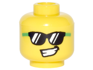 Minifigure, Head Black Sunglasses with Reflections and Bright Green Temples, Lopsided Open Mouth Smile with Teeth Pattern, 3626pb1600 Yellow U
