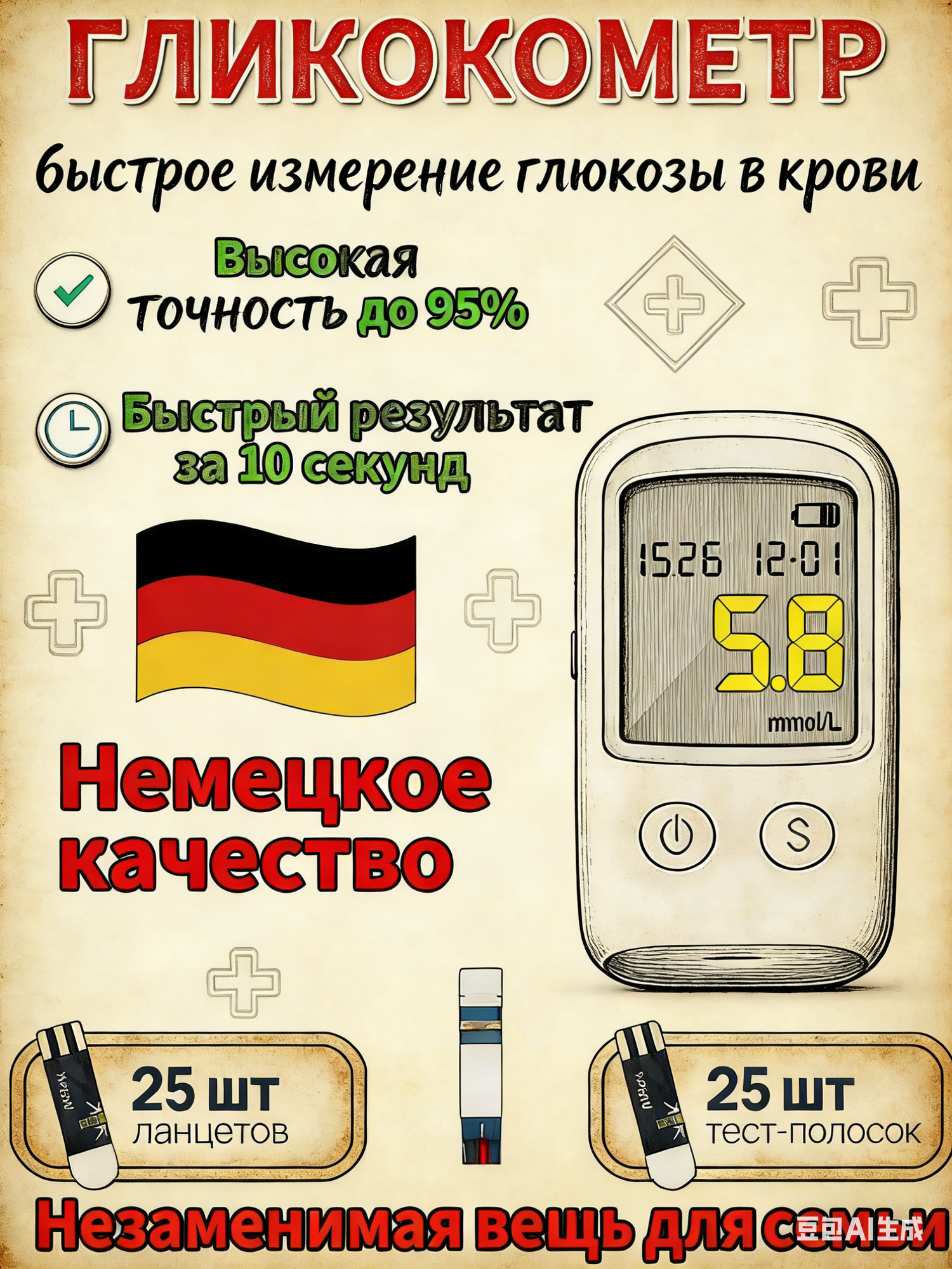 Набор мониторов уровня глюкозы в крови с тест-полосками x 25и ланцетами x 25