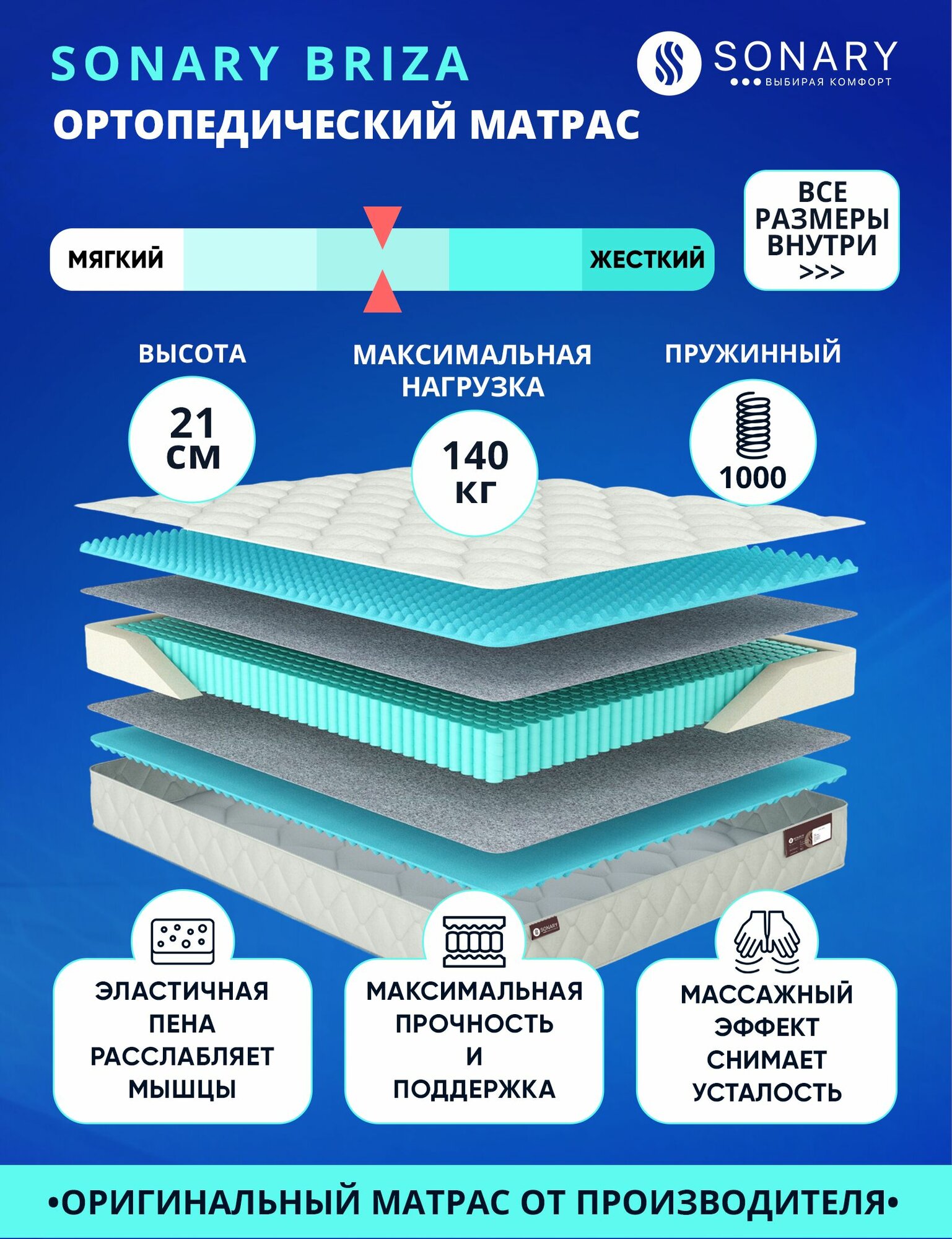 Матрас Sonary Briza 85х180 серии Relax высота 21 см анатомический средней жесткости Независимые пружины