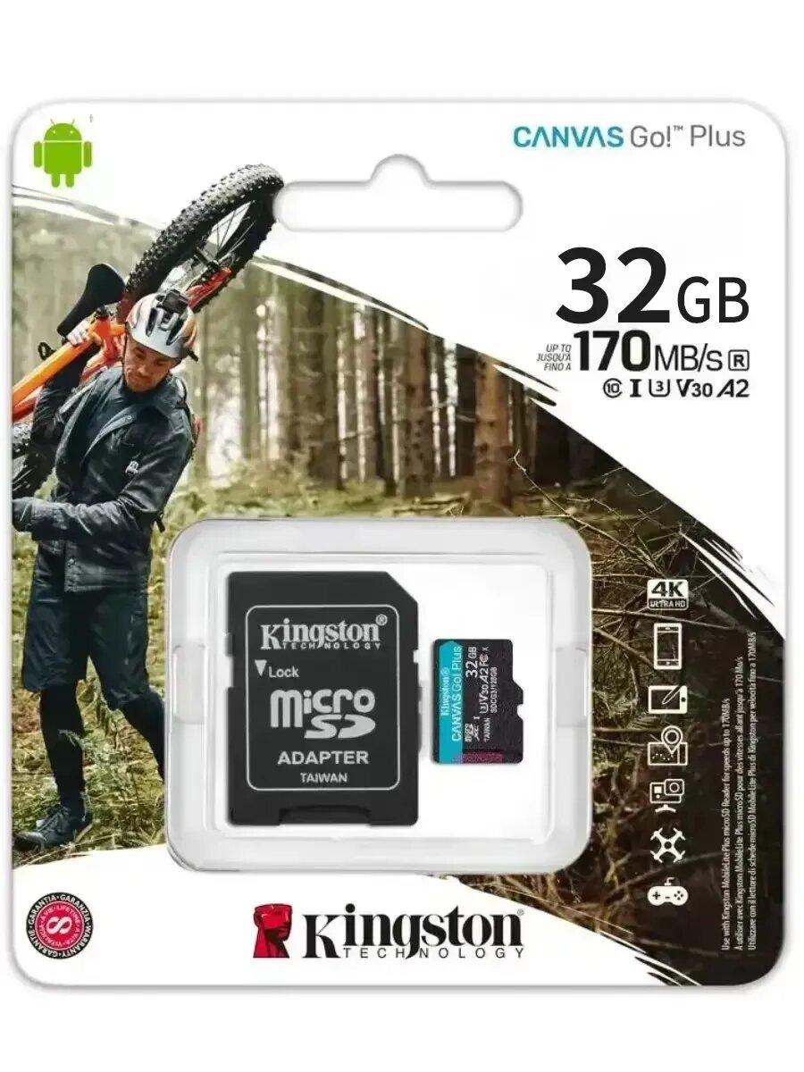 Карта памяти Kingston Canvas Go! Plus microSDXC 32 ГБ Class 10, V30, A2, UHS-I U3, R/W 170/90 МБ/с, адаптер на SD