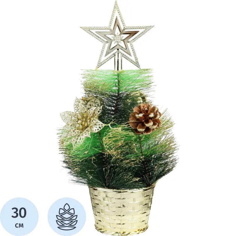 Елка Декоративная с золотым декором в горшке, 30 см Т-4391