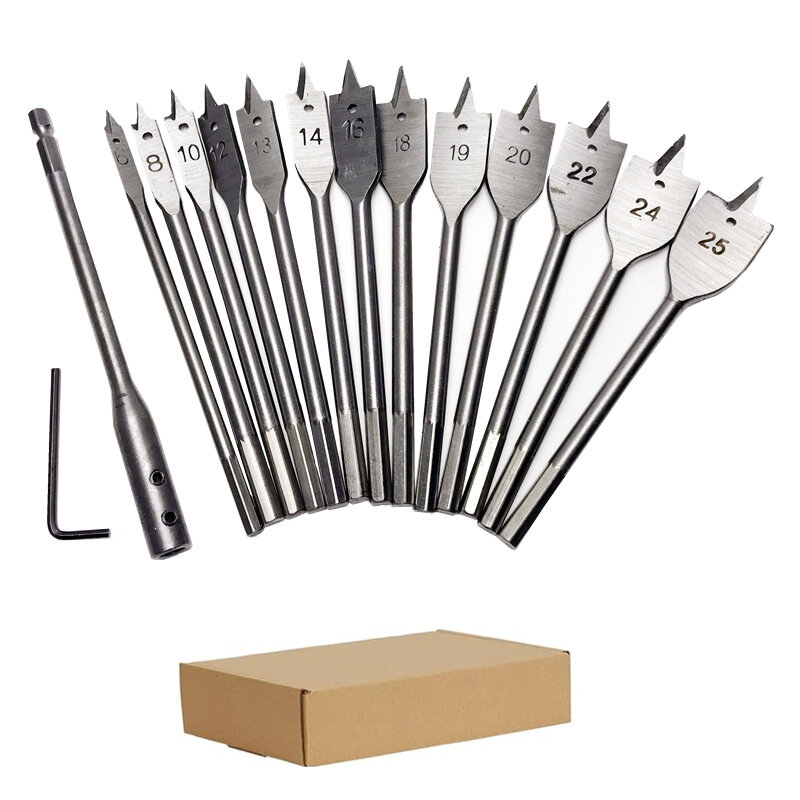 15-предметный набор плоских сверл для деревообработки, кольцевая пила, сверло 6 мм с шестигранным хвостовиком, позиционирующее сверло с удлиненной штангой