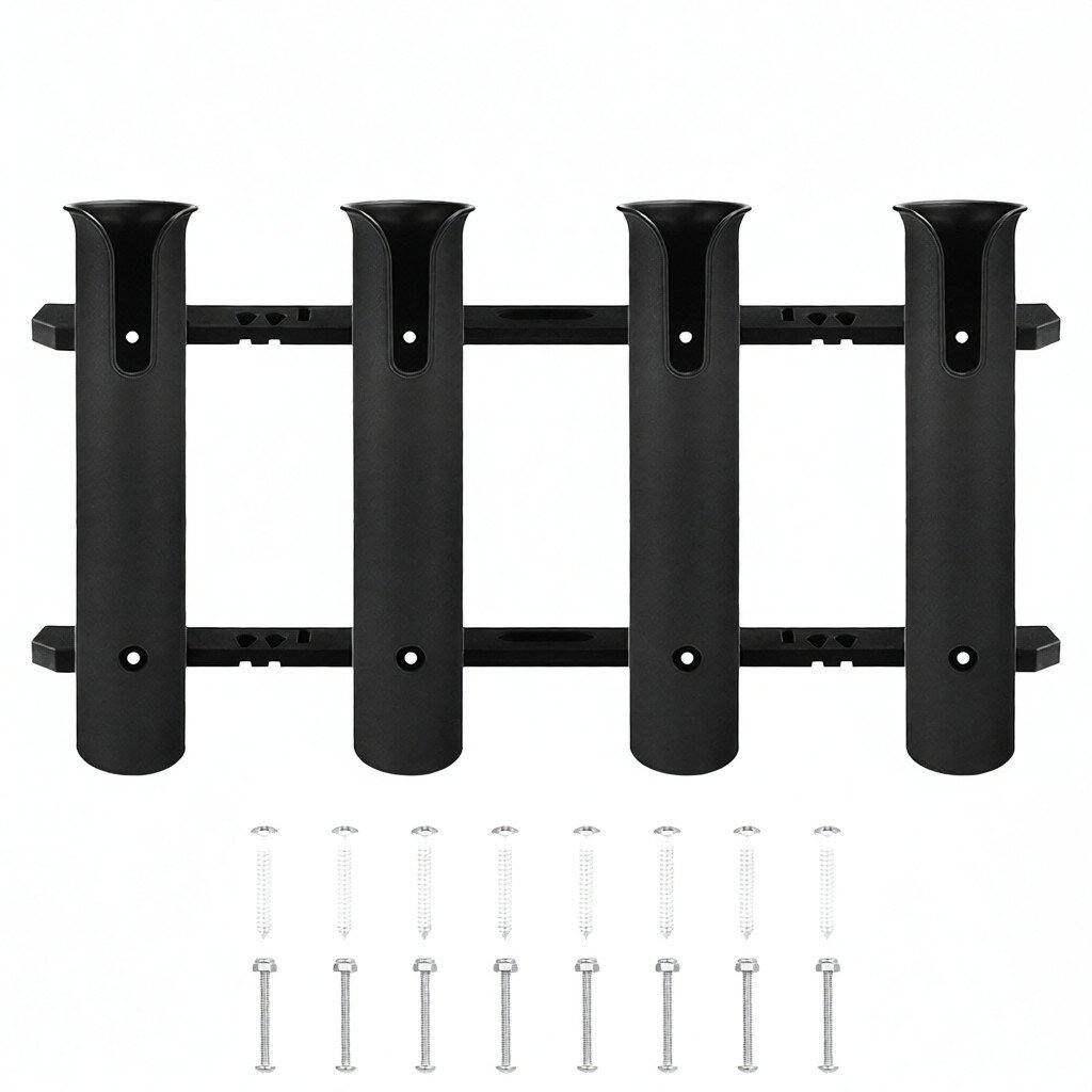 Стенд для рыбацких удилищ портативный 4-тубный из пластика ABS, кронштейн с хомутом для рельса, розетка для хранения приманок и пинцетов, черный цвет, размер 480*275*50мм, вес 840г, в комплект входит 1 шт.