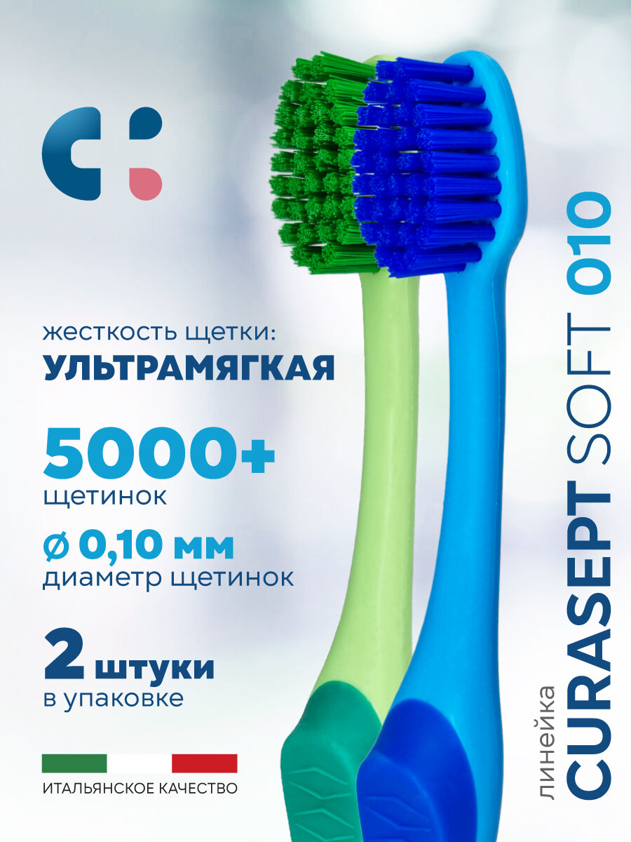 Зубная щетка ультрамягкая CURASEPT MAXI Soft 010 при кровоточивости десен, Италия, набор 2шт (зеленый, синий)