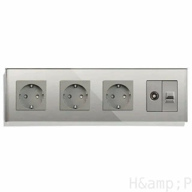 Розетка 4 поста с интернет/тв, CAT5e/TV, рамка 299х86мм стекло, цвет серый