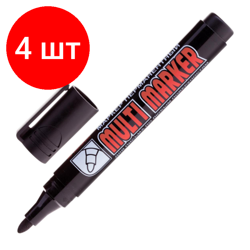 Комплект 4 штук, Маркер перманентный Crown "Multi Marker"  черный, пулевидный, 3мм