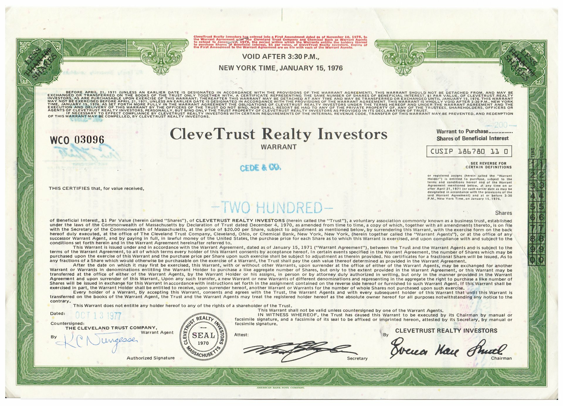 Акция США Cleve Trust Realty Investors 1977г