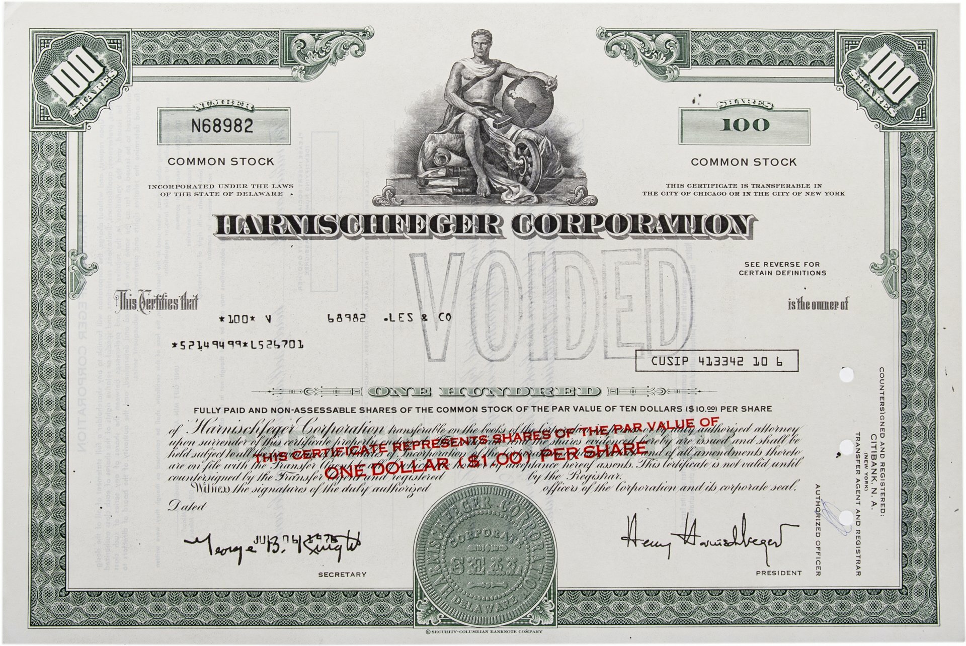 Акция США HARNISCHFEGER CORPORATION 1976-1980 г